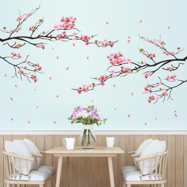 Giant Pink Flowers Wall Decals 3D Peach Flower Brown Tree Branches Wall ...