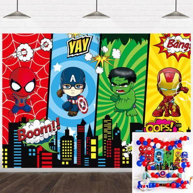 Cartoon Super Heros Backdrop Birthday Decorations City Hero Themed Film ...