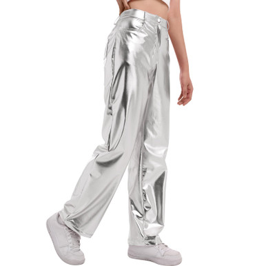 Silver Metallic Pants for Women Shiny Holographic Pants Straight Leg ...