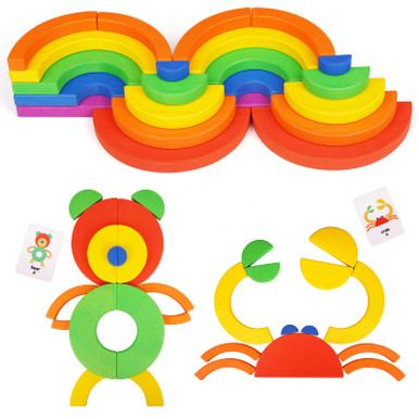 Wooden Rainbow Stacker Building Blocks - 22 Pcs Creative Rainbow ...