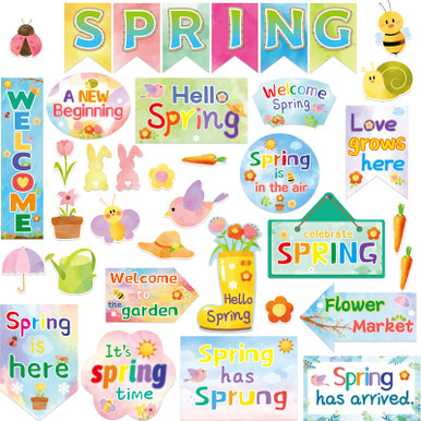 Spring Bulletin Board Decorations Set Watercolor Hello Springtime ...