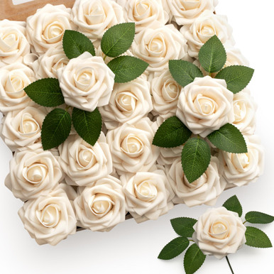 Mocoosy 50Pcs Rose Artificial Flowers, Real Looking Cream Fake Roses ...