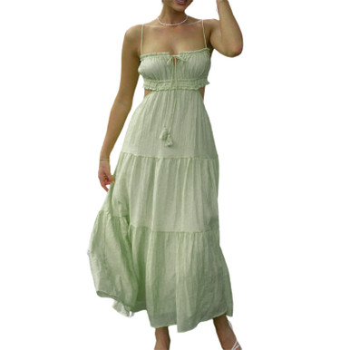 Women Low Cut Backless Maxi Dresses Elegant Spaghetti Strap Tiered Long ...