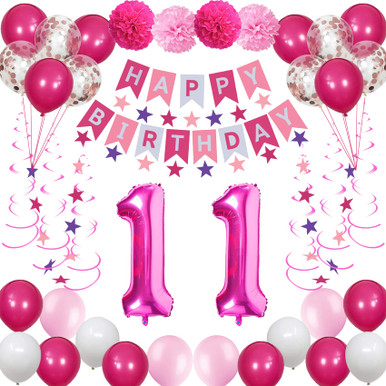 NANINUNENO 11th Birthday Decorations for Girls, Pink 11 Happy Birthday ...