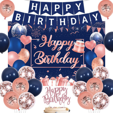 Navy Rose Gold Birthday Decorations Set for Women Girl Happy Birthday ...
