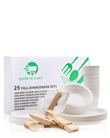 SHOP-N-CART Disposable Dinnerware Set, Heavy Duty Compostable, 200 ...