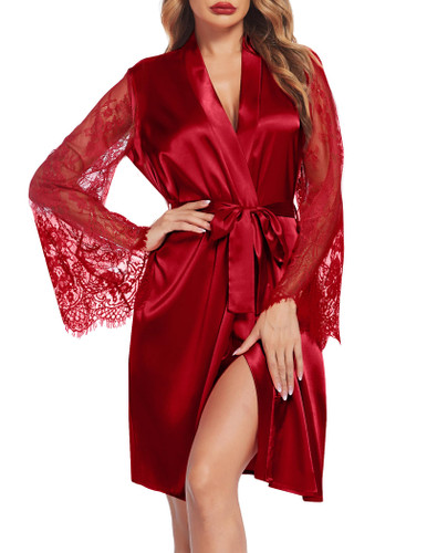 Avidlove Red Silk Robes for Women Satin Short Lace Floral Lace Kimono ...