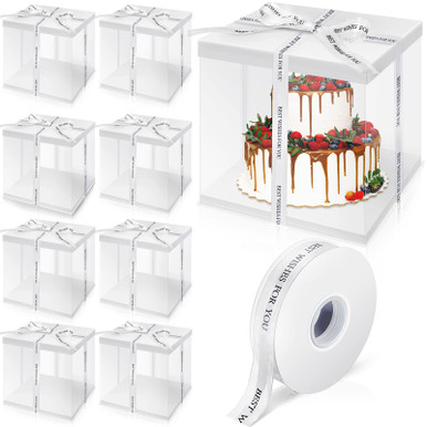 9 Pcs White Large Cake PET Clear Box with Ribbon and Pre Folded Lid, 10 ...