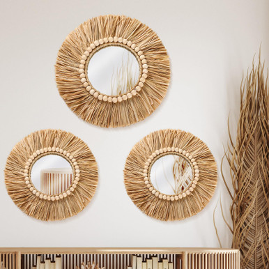 Gulfmew 3 Pcs Boho Raffia Mirror Wall Hanging Decor 15.8 Inch 11.8 Inch ...