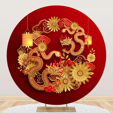Baocicco Chinese Lunar New Year Round Backdrop Red Lantern Gold Dragon ...