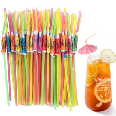100pcs Umbrella Drinking Straws, Disposable Plastic Straws, Tropical ...
