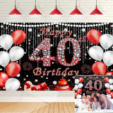 Red Black Happy 40th Birthday Banner Backdrop Red Black Glitter 40th ...