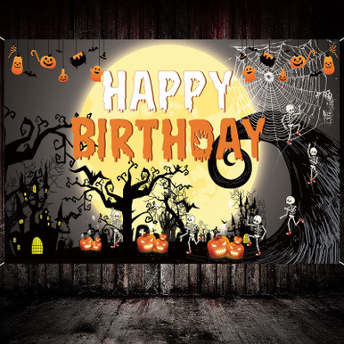 Famoby Happy Birthday Halloween Theme Fabric Sign Poster Banner ...