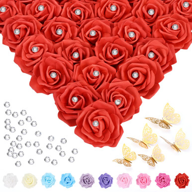 Yastouay 50Pcs 3.5in Red Artificial Foam Rose Flowers with Rhinestones ...