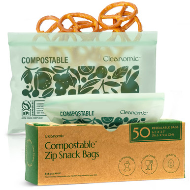 Cleanomic Compostable* Snack Size Food Storage Bags (50 Eco Zip ...