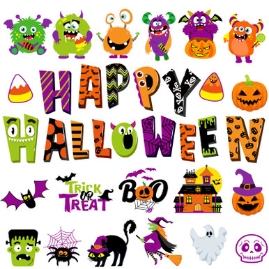 52 Pieces Halloween Cut Outs Happy Halloween Monster Themed Classroom ...