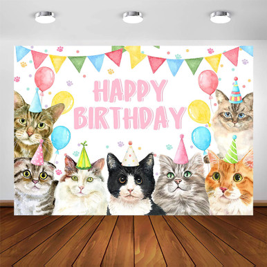 Avezano Happy Birthday Backdrop Cute Cats Theme Birthday Party Banner ...