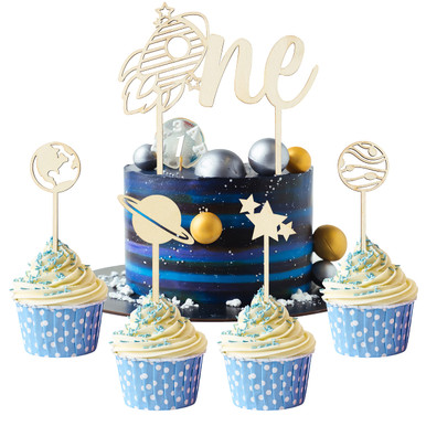 BkeeCten 5pcs Outer Space Wood ONE Cake Toppers - Rocket 1st Birthday ...