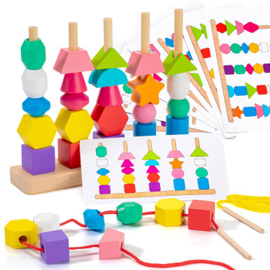 FlameFlash Montessori Toys Bead Sequencing Set, Wooden Lacing Beads ...
