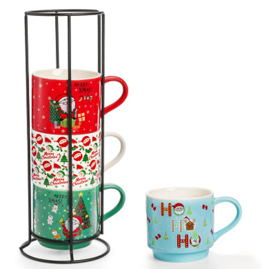 Elsjoy Set of 4 Christmas Stackable Coffee Mugs with Rack, 15 oz ...