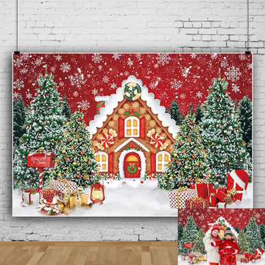 Christmas Gingerbread Backdrop Red Gingerbread House Photo Background ...