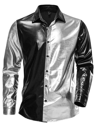 Lars Amadeus Metallic Shirt for Men's Button Down Colorblock Patchwork ...