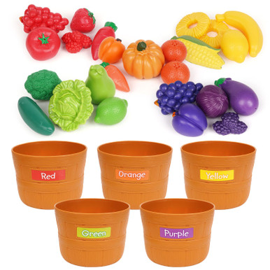 Color Sorting Play Food Toy Set - 30 Pieces Fruit and Vegetable Shapes ...