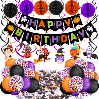 HAPPY BIRTHDAY Halloween Theme Porch Sign Hanging Banner Pumpkin Ghouls ...