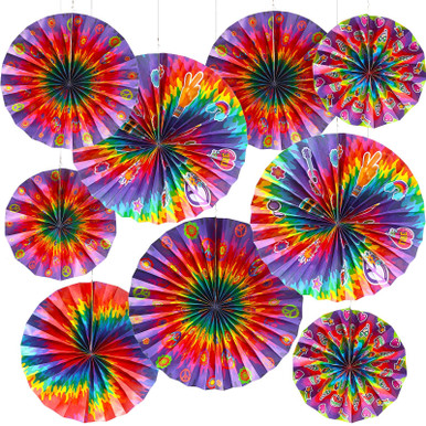 Outus 18 Pcs Tie Dye Party Supplies Groovy Hippie Hanging Paper Fans ...