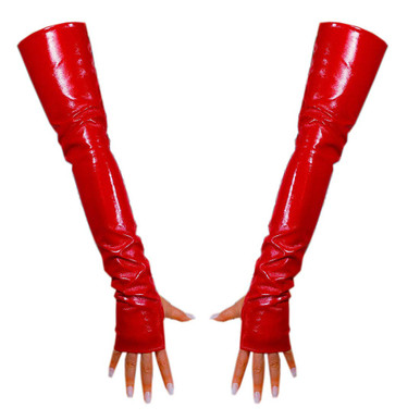 QIN-FE Women Fingerless Latex Long Glvoes Shine Leather Faux Patent Red Big Puff Sleeves Evening ...
