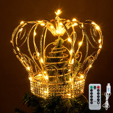 Christmas Tree Topper Gold LED Jeweled Crown Glitter Lighted Christmas ...