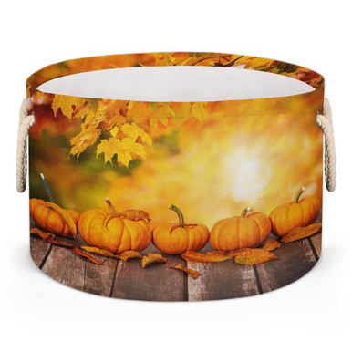 Mini Pumpkins Autumn Leaves Wooden Table Large Round Baskets for ...