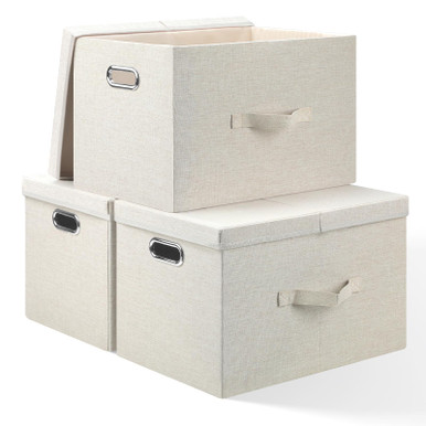 Bellzacasa Large Collapsible Storage Bins with Lids, 3 Pack Linen ...