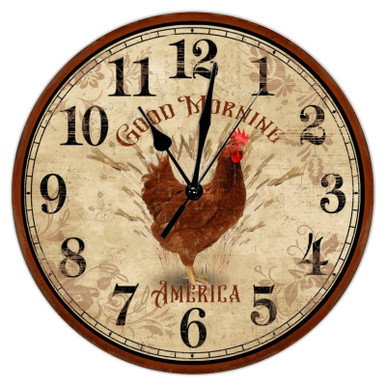 Rustic Rooster Hen Good Morning Round Wall Clock 15Inch Round Clocks ...