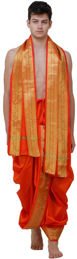 Exotic India Ready to Wear Dhoti and Angavastram Set with Meenakari ...