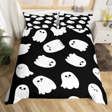 Cute Ghost Duvet Cover Halloween Theme Bedding Set Black and White ...
