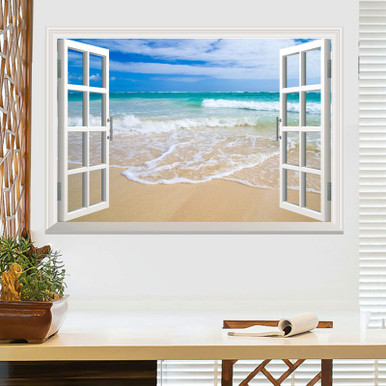 HOTIYOK Beach Seascape Fake Window Wall Decals 3D Self-Adhesive Ocean ...