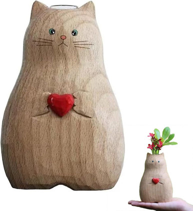 Thanksgiving Day Handcrafted Wooden Cat Vase, Solid Wood Cat Statue ...