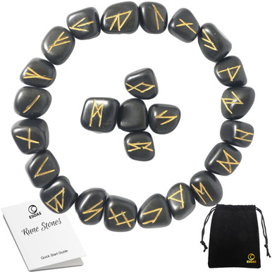 Rune Stones Set, X24 + 1 Blank Black Stone Engraved with Velvet Pouch ...