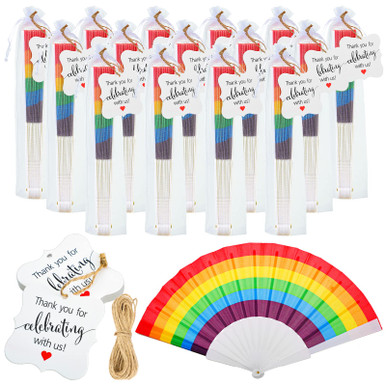 24 Sets Rainbow Hand Fans with Paper Thank You Tag and Drawstring White ...