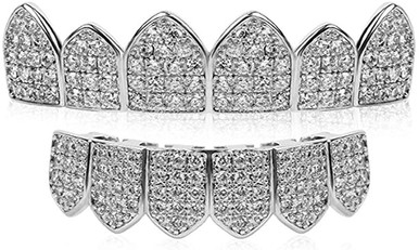 18K White Gold Plated CZ Cluster Custom Slugs Top Bottom Grillz Mouth ...
