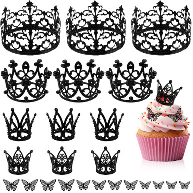 12 PCS Black Mini Crown Cake Toppers with 12 PCS Black Reversible ...