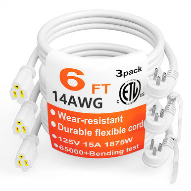 14 Gauge 6 Feet (3 Pack) Flat Plug Extension Cord White Indoor Outdoor ...