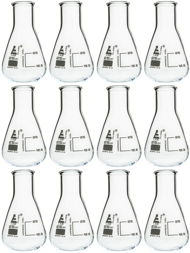 12PK Erlenmeyer Flasks, 25mL - Borosilicate Glass - Narrow Neck Flasks ...