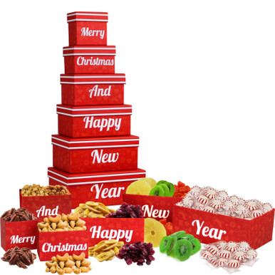 Merry Christmas and Happy New Year Gift Basket Tower, with Dried Fruits ...