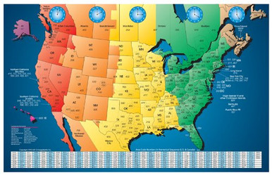 Set of 6 North America Laminated Gloss Full Color Time Zone Area Code ...