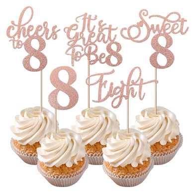 Rsstarxi 30 Pack 8th Birthday Cupcake Toppers Rose Gold Glitter Eight ...