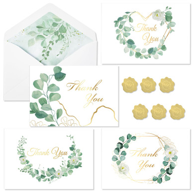 AZAZA 48 Greenery Thank You Cards with Envelopes & Stickers, Gold Foil ...