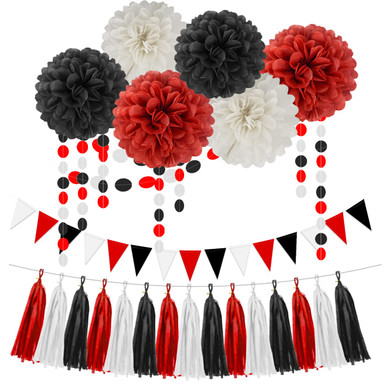 White Red Black Party Decorations - 23pcs Tissue Paper Flowers Pom Poms ...