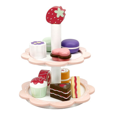 Wooden Dessert Play Set for Kids Cake Stand with 9 Wooden Play Food ...